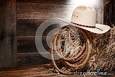 American West Rodeo Cowboy Straw Hat On Hay Bale Royalty Free Stock ...