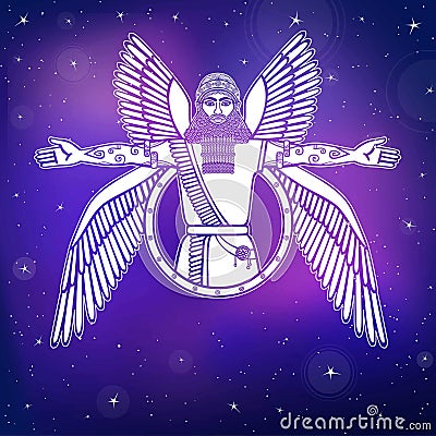Ancient Assyrian Winged Deity. Character Of Sumerian Mythology. Vector ...