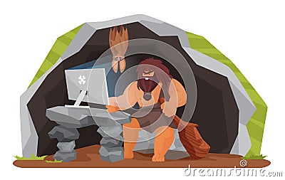 Ancient Caveman Using Computer In Prehistoric Cave, Stone Age Wild Man ...