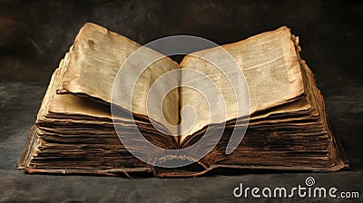 An Ancient, Weathered Book With Yellowed And Frayed Pages, Open On A ...
