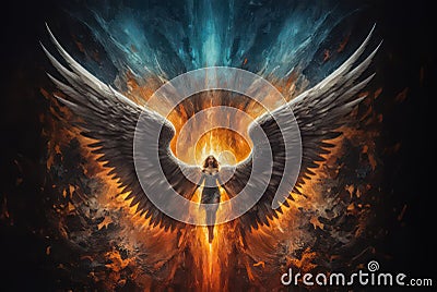 Angel With Big Wings, Fire Sky Background, With Exploding Elements ...