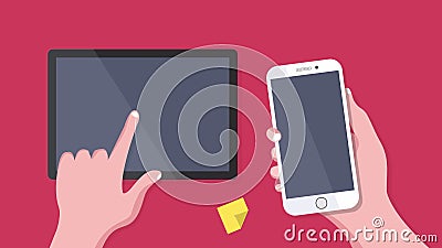 Animated Illustration Holding Smartphone Tablet Sticky Note Touchscreen ...