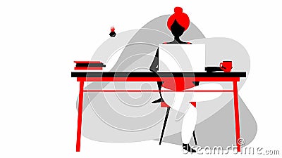 Animated Remote Work Concept. Video of Work at Home. Girl Works at the ...
