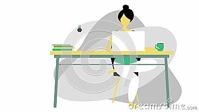 Animated Remote Work Concept. Video of Work at Home. Girl Works at the ...