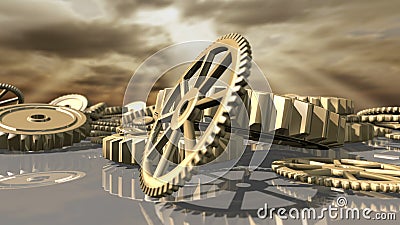 Animated Steampunk Vintage Clockwork Wheels Fallen Down. 3D Rendering ...