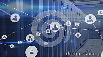 Animation of Connected Icons and Programming Language Over Server Room in Background Stock ...