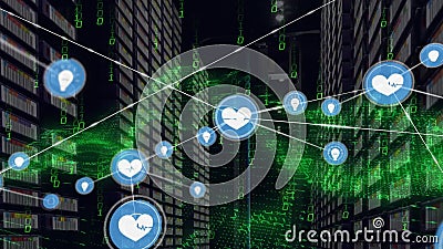 Animation of Connected Icons, Wave Pattern and Binary Codes Against Abstract Background Stock ...