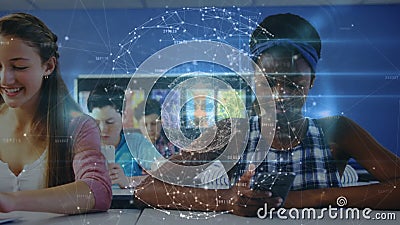 Animation of Connections and Globe Over Happy Diverse Students Using ...