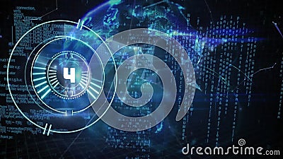 Animation of Countdown Over Round Scanner Against Data Processing and Globe of Plexus Networks ...