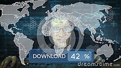 Animation of Data Processing and World Map Over Caucasian Male Hacker ...