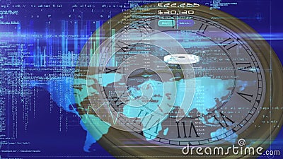 Animation of Data Processing and World Map Over Moving Clock Stock Video - Video of data ...