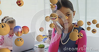 Multiple Face Emojis Floating Against Girl Talking on Smartphone Stock ...