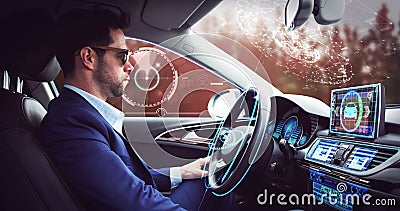 Animation of Digital Interface Over Businessman in Self-driving Car ...