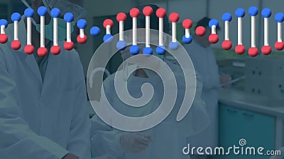 Animation of Dna Strand Spinning Over Grup of Scientists in Laboratory ...