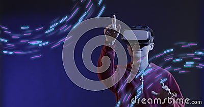 Animation of Glowing Light Trails of Data Transfer Over Asian Man Using ...