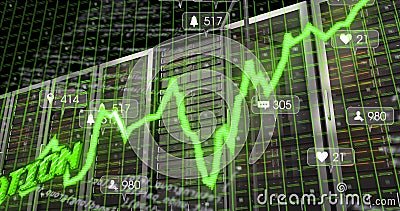 Animation of Green Inflation Text, Graph and Grid Over Data Processing and Notifications Stock ...