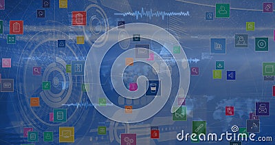 Animation of Icons and Diverse Data on Blue Digital Screen Stock ...