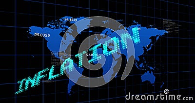 Animation of Inflation Text in Blue Over Blue World Map and Processing ...
