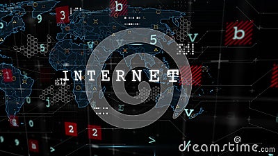 Animation of Internet Text, Data Processing and Markers Over World Map ...