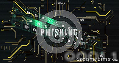 Animation of Keyboard Cutout on Phishing Text, Binary Code, Glitch Technique, Circuit Board ...
