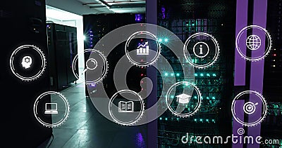 Animation of Multiple Digital Icons Against Computer Server Room Stock ...