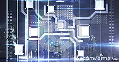 Animation of Network of Connection with Digital Icons Over Cityscape ...