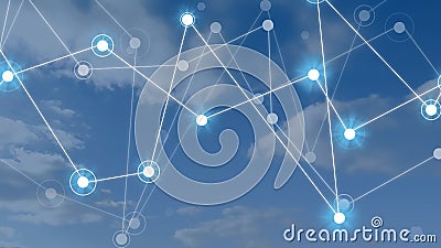 Animation of Network of Connections with Glowing Spots Over Sky with ...