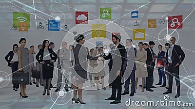 Animation of Network of Connections with Icons Over Diverse Business ...