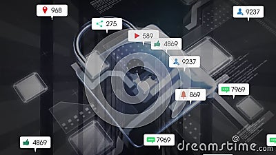 Animation of Padlock and Social Media Icons and Data Processing Stock ...