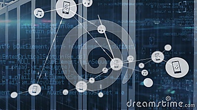 Animation of Programming Language and Icons Connected with Lines Over Server Room in Background ...