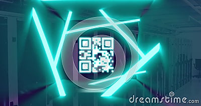 Animation of Qr Code Flashing with Neon Green Lights Over Computer ...