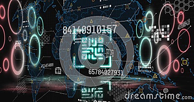Animation of Qr Code and Numbers Processing Over World Map Stock Video ...