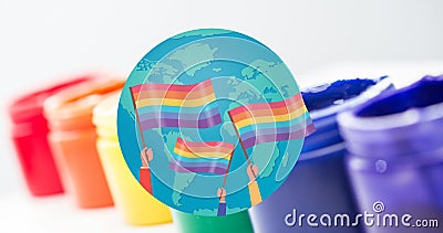 Animation of Rainbow Flags Over Globe with Paints in Background Stock ...