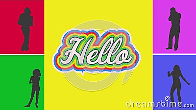 Animation of Retro Hello Rainbow Text Over Yellow Background and ...