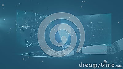 Animation of Robot Arm with Light Bulb and Maths Equations on Blue ...