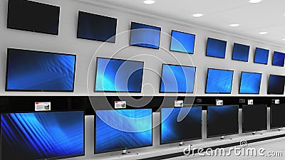 Animation of Rows of Television Sets with Glowing Blue Screens in Store ...