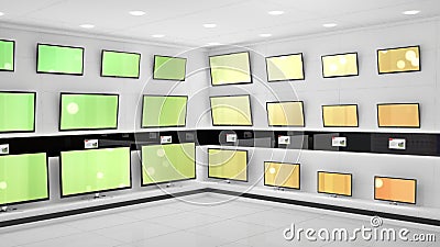 Animation of Rows of Television Sets in Store with Glowing Screens with ...