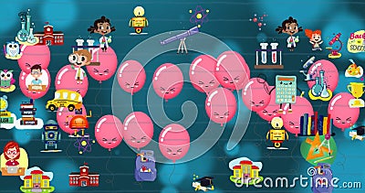 Animation of School Items Icons Over Balloons and Light Spots on Blue ...