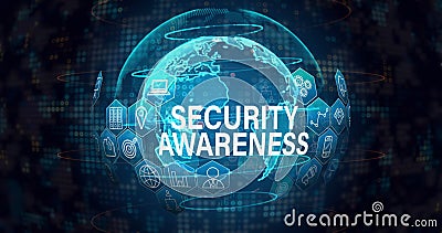 Animation of Security Awareness Text with Icons Over Globe on Black ...
