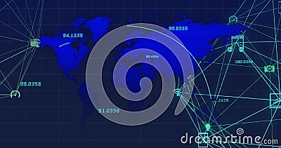 Animation of World Map with Data Processing Over Network of Connections ...