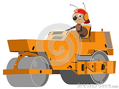 Ant Road Worker Is Running An Asphalt Compactor Vector Illustration ...