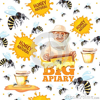 Apiary Pattern. Honey Bees And Beekeepers In Mask Vector Cartoon Seamless Background ...