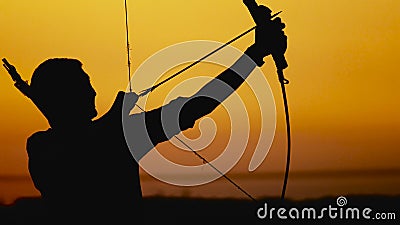 Archery Silhouette, Sun Sets Behind the Archer. Young Hunter. Stock ...