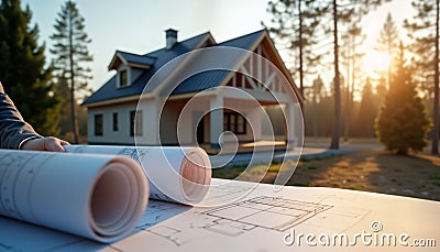 Architect Examines House Plans Outdoors. Pro Reviews Blueprints For New ...