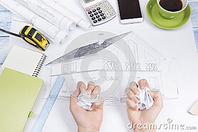 Architect Working On Blueprint. Architects Workplace - Architectural ...