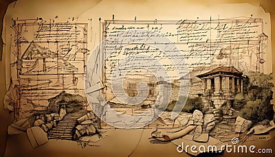 Architectural Sketch Collage With Ancient Notes And Stone Structures ...