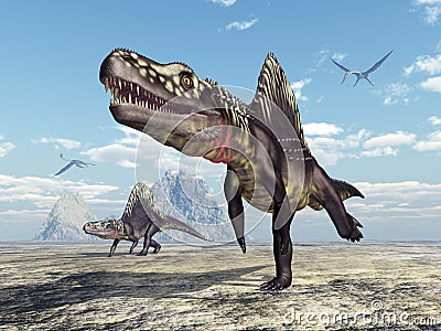 Archosaur Arizonasaurus And Pterosaur Quetzalcoatlus Stock Illustration ...