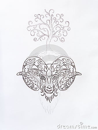 Aries Symbol With A Tree, Symbolic Linear Ornamental Drawing. Royalty ...