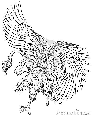 Flying Griffin Or Griffon. Black And White Outline Cartoon Vector ...