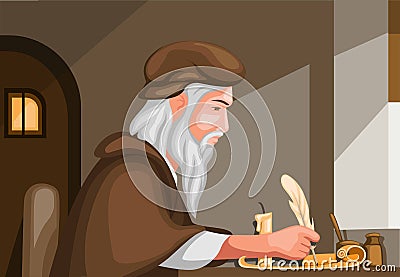 Old Man Writing With Feather Pen In Scroll Paper Biography History ...